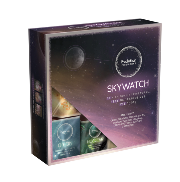 EVOLUTION - SKYWATCH - 10 PIECE BARRAGE BOX - FREE FALCON ROCKETS + FR – www.fireworksboutique.com